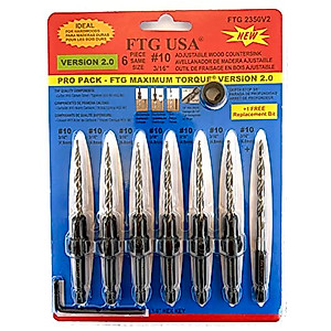 FTG USA Countersink Drill Bit Set 6 Pc #10 (3/16") Wood Countersink Drill Bit, 1 Replacement Tapered Drill Bit, 1 Stop Collar, 1 Hex Wrench, 6 Storage Containers