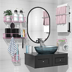 TONLEA Shower Caddy, Shower Organizer for Bathroom, 4-Pack Rustproof Stainless Steel Shower Shelves with Hooks for Bathroom Storage, Adhesive or Drilling Kitchen Organization, Pink