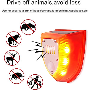 Solar Security Alarm Lights, 129dB Gunshot Sounds & Dog Barking Sound & Light Strobe Light Warning Lamp for Outdoor Farm Barn