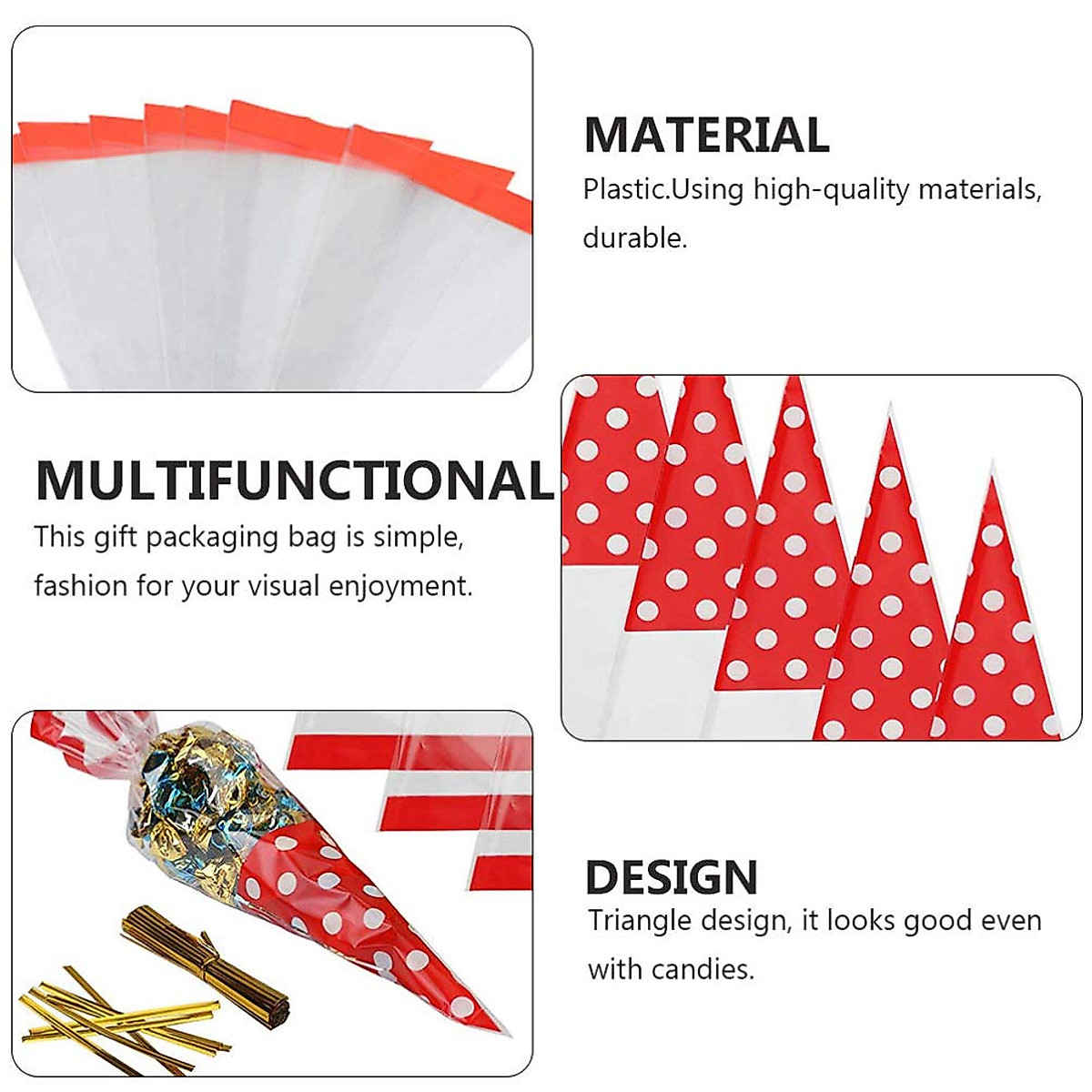 FARUTA 100pcs Clear Cello Treat Bags Cone Shaped Polka Dot Popcorn Bags Triangle Treat Bags OPP Plastic Bags for Gift Wrapping Bakery Cookie Dessert Packaging Red