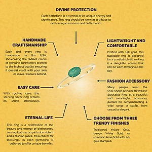 Takar Solid 10k Gold Solitaire Oval Shaped Genuine Birthstone Ring, Thin Stackable Gold Ring Band For Women, Oval Gemstone Rings, Birthday Gold Jewelry Gift for Her MADE IN USA.