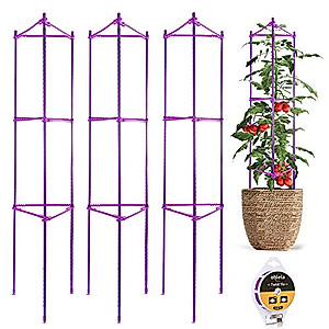 Large Tomato Cages for Garden - 48 Inches, 3-Pack Multifunctional Purple Tomato Plant Support for Vine, Vegetables, Fruits & Flowers with Adjustable Stake Arms - Non-Rusting with 328ft Twist Tie