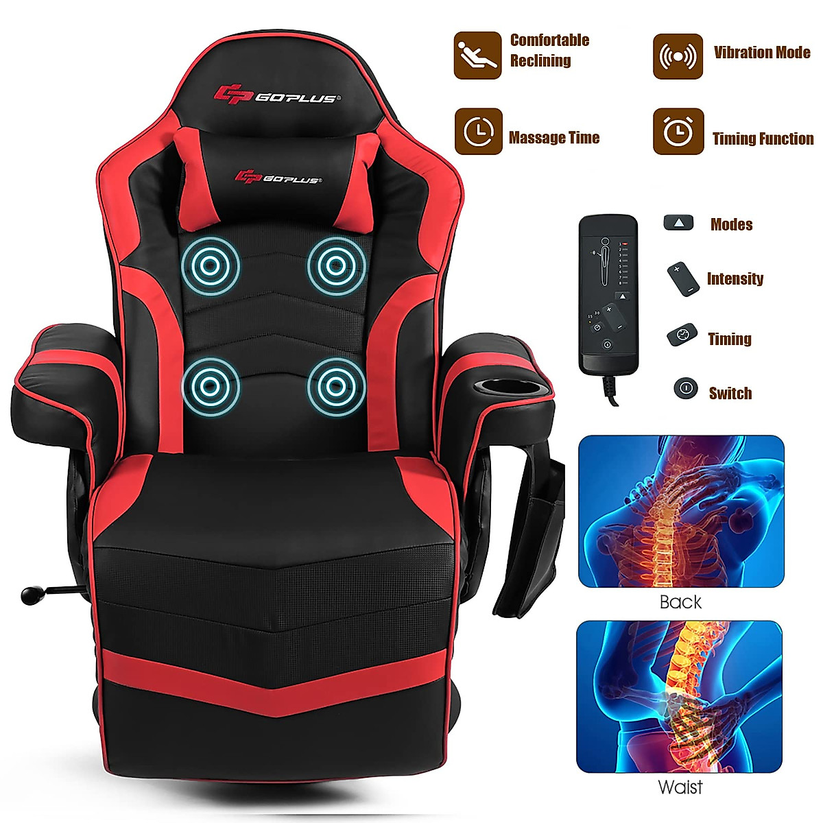 POWERSTONE Gaming Recliner Massage Gaming Chair with Footrest Ergonomic PU Leather Single Sofa with Cup Holder Headrest and Side Pouch, Adjustable Living Room Chair Seating, Red