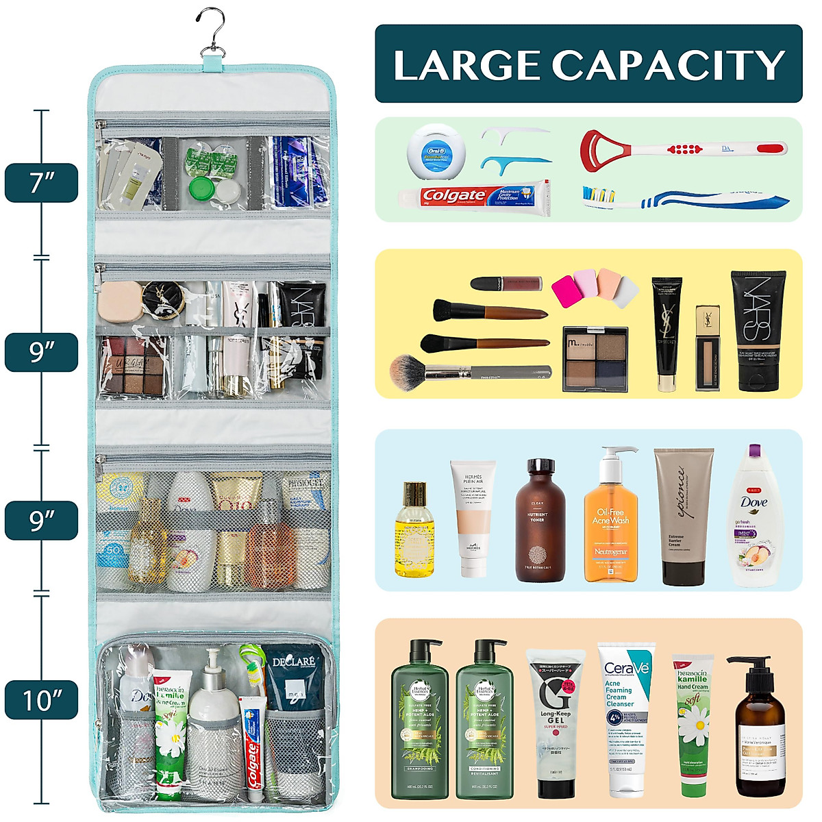 PAVILIA Travel Hanging Toiletry Bag for Women Men, Extra Large Capacity Makeup Bag Kit, Waterproof Cosmetic Storage Organizer Case for Bathroom Shower, Teal Chevron