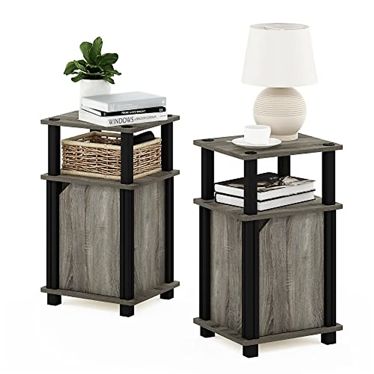 Furinno Brahms 3-Tier End Side Sofa Table/Nighstand with Door, 2-Pack, French Oak/Black