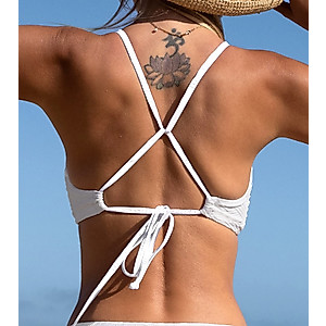 CUPSHE Bikini Top for Women Bathing Suit Criss Cross Self Tie Spaghetti Straps V Neck, L White