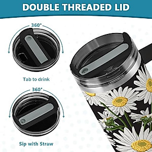 pnyoin White Daisy Insulated Tumblers With Handle And Straw 30 oz Stainless Steel Tumbler Cups With Lid Leakproof BPA-Free Water Bottle,Cup Holder Compatible for Travel