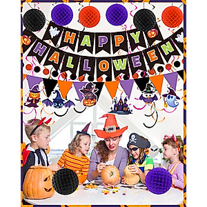Happy Halloween Banner Halloween Party Decorations Indoor, Paper Pom Poms Triangle Flag Halloween Sign Hanging Garland Swirls Halloween Streamers for Trunk or Treat Decorations
