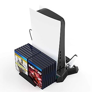 PS 5 Vertical Stand with Cooling Fan for Digital and Disk Edition, Charging Station Dock with Dual Controller Fast Charger Ports and Retractable Game Storage for PS 5 and Controllers