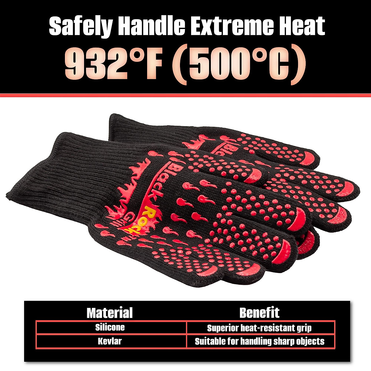 Black Rock Grill Fire & Heat Resistant Cooking Gloves 923F -28cm Silicone Safety Oven Mitts with Fingers- Gloves for Grilling, BBQ, Fireplace, Lava Stones, EN407,EN388, EN ISO 21420 Certified (Medium)