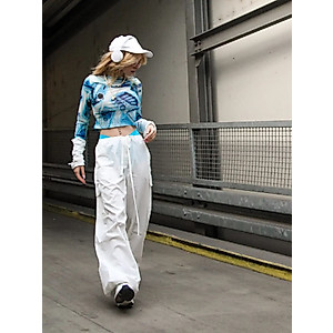 Xineicy Parachute Pants for Women Drawstring Baggy Cargo Pants Y2K Trouser Low Rised Jogger Sweatpants Loose Hip Hop A White