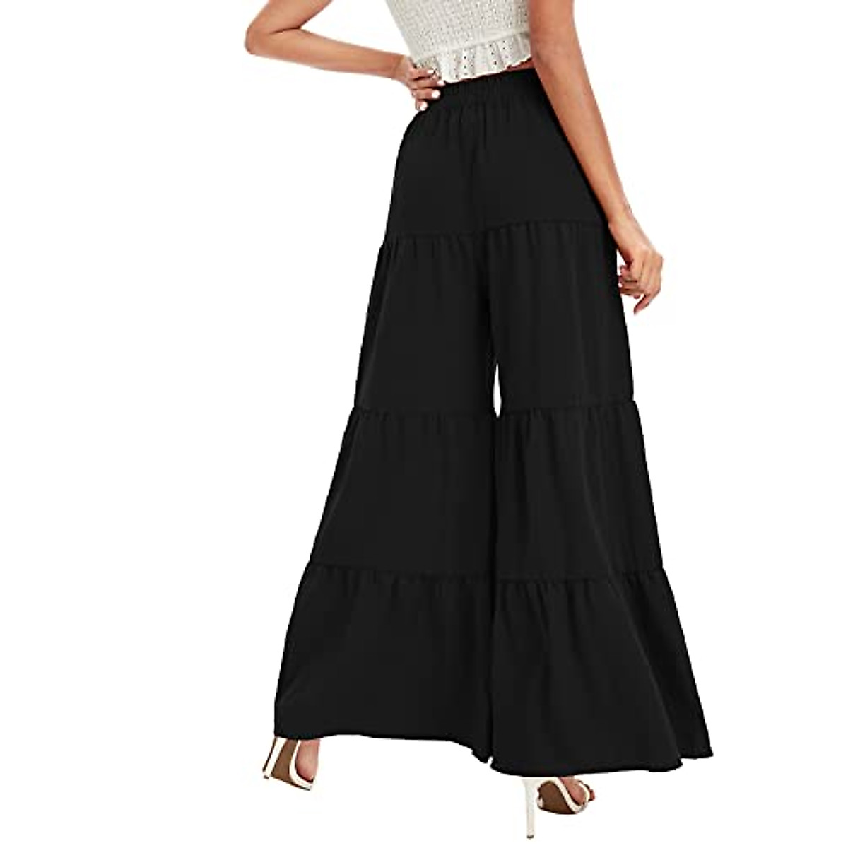 Floerns Women's Boho High Waisted Palazzo Pants Beach Ruffle Wide Leg Flowy Pants Black X-Large