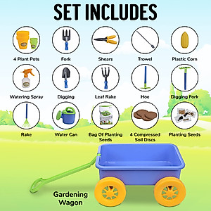 IQ Toys Budding Gardener Wagon and Tool Set for Kids 16 Pieces with Soil, Gardening Seeds, Water Pail, Planting Pots, Rake and More Accessories