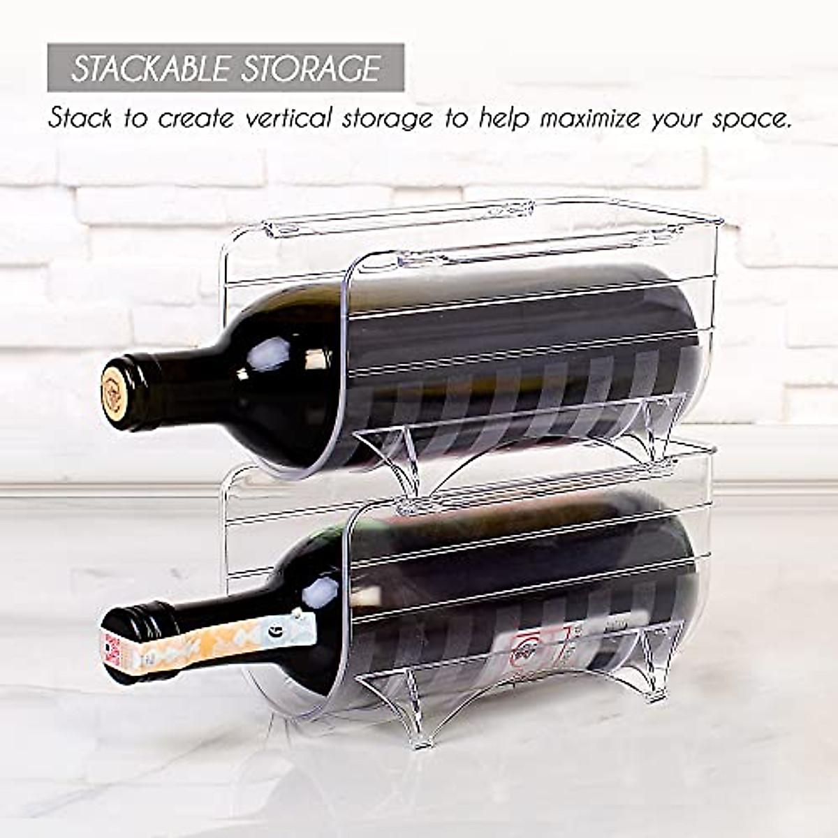 Crystalia Wine Storage Rack for Refrigerator, Plastic Water Bottle Organizer for Fridge, Vertical Stackable Beverage Stand for Soda, Beer and Vine, Clear Plastic Countertop Cabinet Bottle Holder