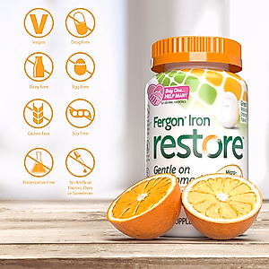 Fergon Iron Restore Chewable Tablets - Gentle on Stomach, Non-Constipating - 27mg Iron for Energy Support – 60 Tablets