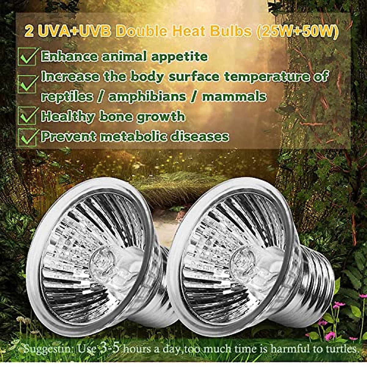 KABASI Reptile Heat Lamp Fixture with 2 Bulbs, UVA + UVB Full Spectrum Sun Lamp with 360°Rotatable Clips and Dimmable Switch, Basking Spot Heating Light Lamp for Lizard Turtle Snake Amphibian, 25W+50W