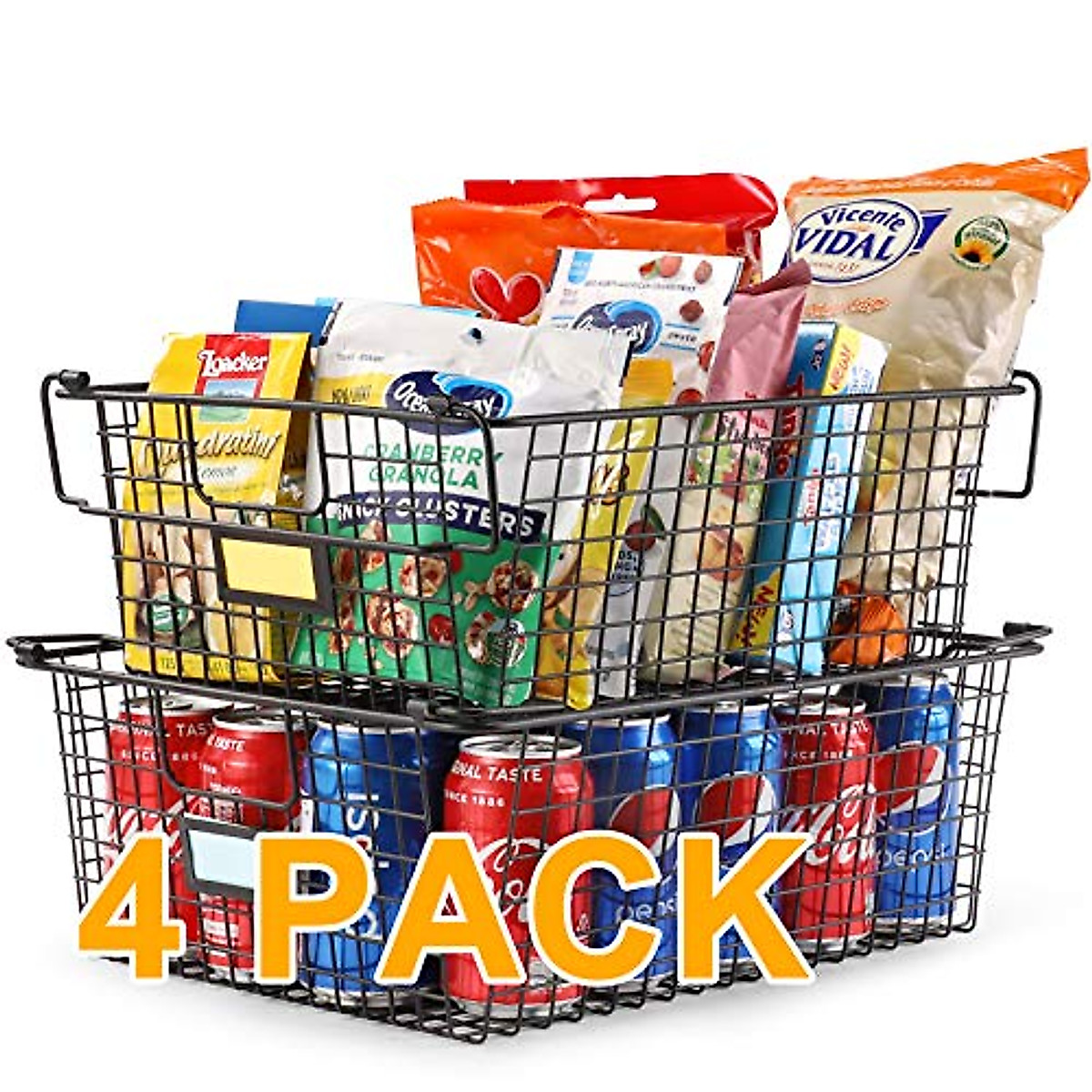 4 Pack [ XXXL Large ] STACKABLE Wire Baskets for Organizing - Pantry Storage and Organization Metal Bins for Produce, Food, Fruit - Kitchen Bathroom Closet Cabinet, Countertop, Under Sink Organizer