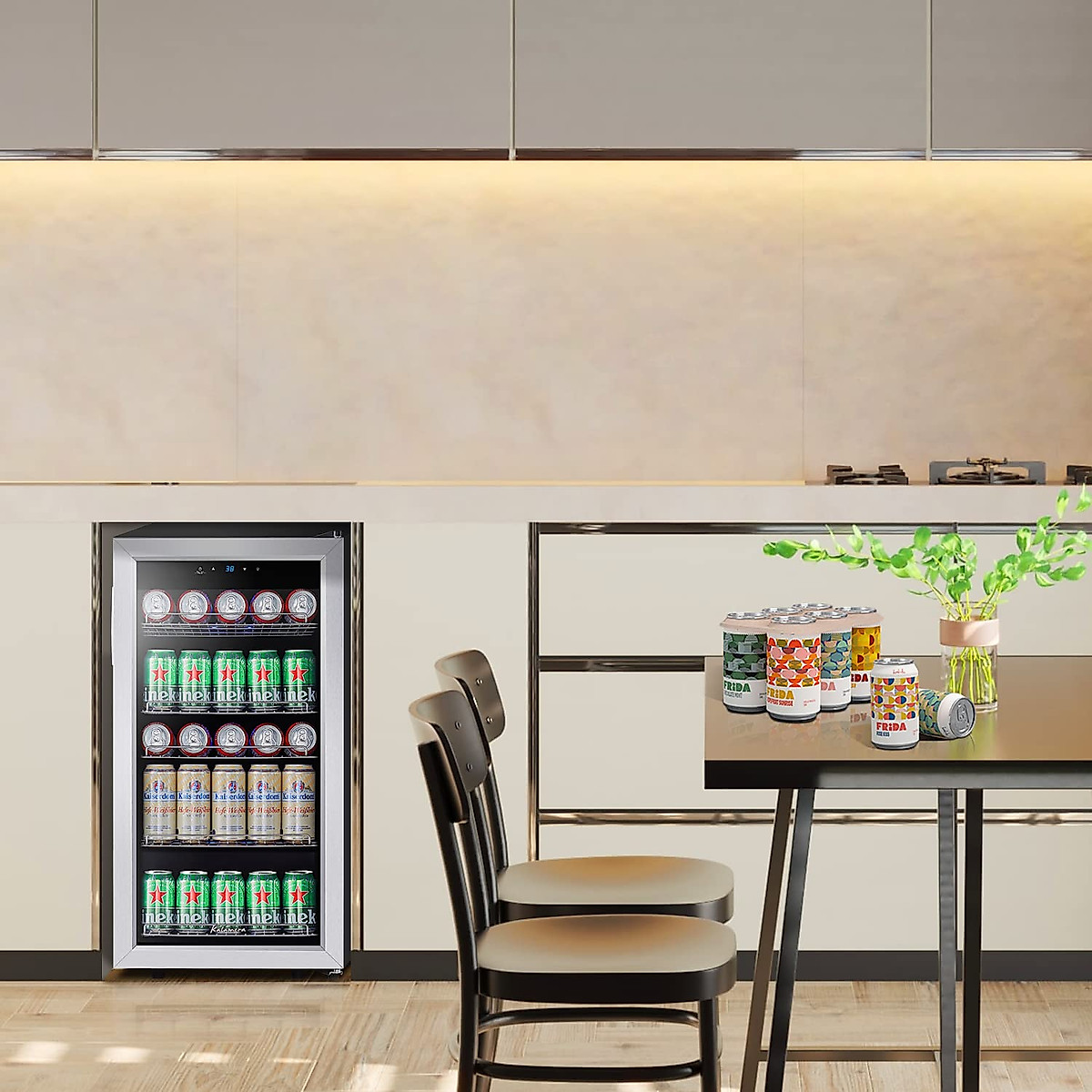 Kalamera Mini Beverage Refrigerator Freestanding- 120 Cans Capacity Beverage Cooler- for Soda, Water, Beer or Wine - For Kitchen or Bar with Whit Interior Light