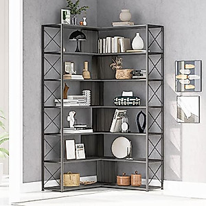 Corner Bookcase, 7-Tier L-Shaped Tall Bookshelf with Open Storage, Freestanding Industrial Etagere Shelf with Metal Frame for Home Office Funiture, Grey, Silver Frame