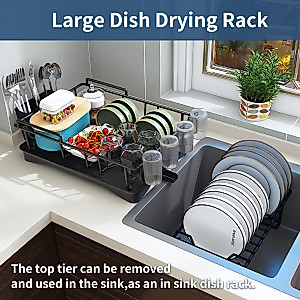 PINNIYOU Dish Drying Rack with Drainboard Set, 2 Tier Large Dish Racks with Drainage, Wine Glass Holder, Utensil Holder, Dish Drainers for Kitchen Counter (Black)
