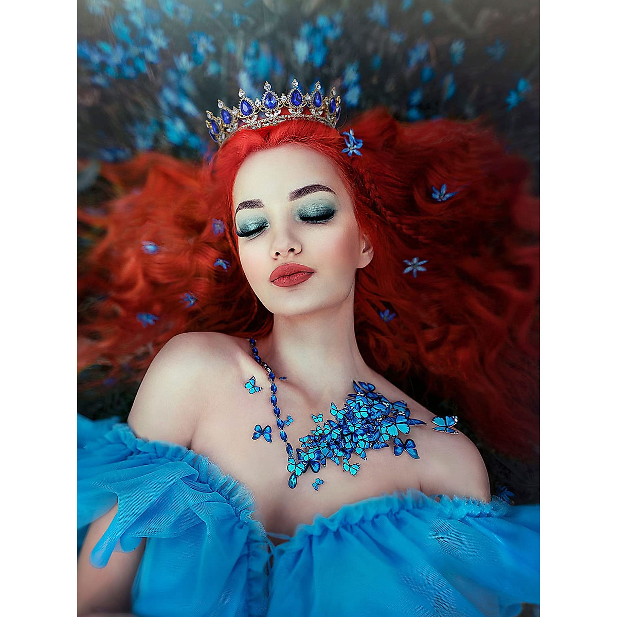 SWEETV Crystal Queen Crown for Women, Rhinestone Wedding Tiara Headband, Full Round Princess Crown Hair Accessories for Prom Birthday Costume Party, Royal Blue+Gold