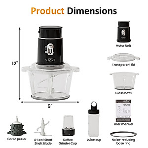 Sunvivi Electric Food Chopper, 4 in 1 Small Food Processor for Grinding Meat, Peeling Garlic & Juicing, 2 Speed Blender and Food Grinder Combo with 1.5L Glass Bowl & 2 Cups (0.4L+0.2L), Black