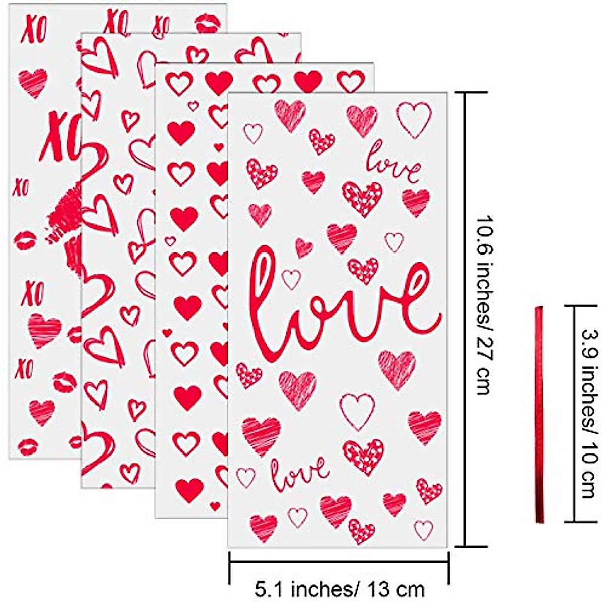 Aneco 100 Pack Valentine Cellophane Bags Valentine's Day Candy Cookie Bags 4 Styles Valentine Gift Bags Plastic Clear Cellophane Bags with Twist Ties for Valentine Party Favor Supplies