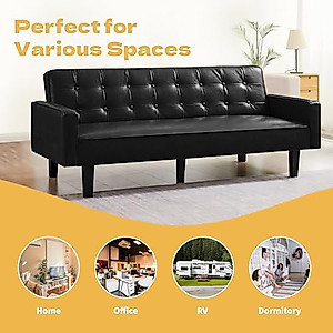 Homies Life Faux Leather Futon Couch, Mid Century Modern Futon Sofa with Memory Foam, Convertible Futon Sofa Bed for Small Spaces, Living Room, Office, Black
