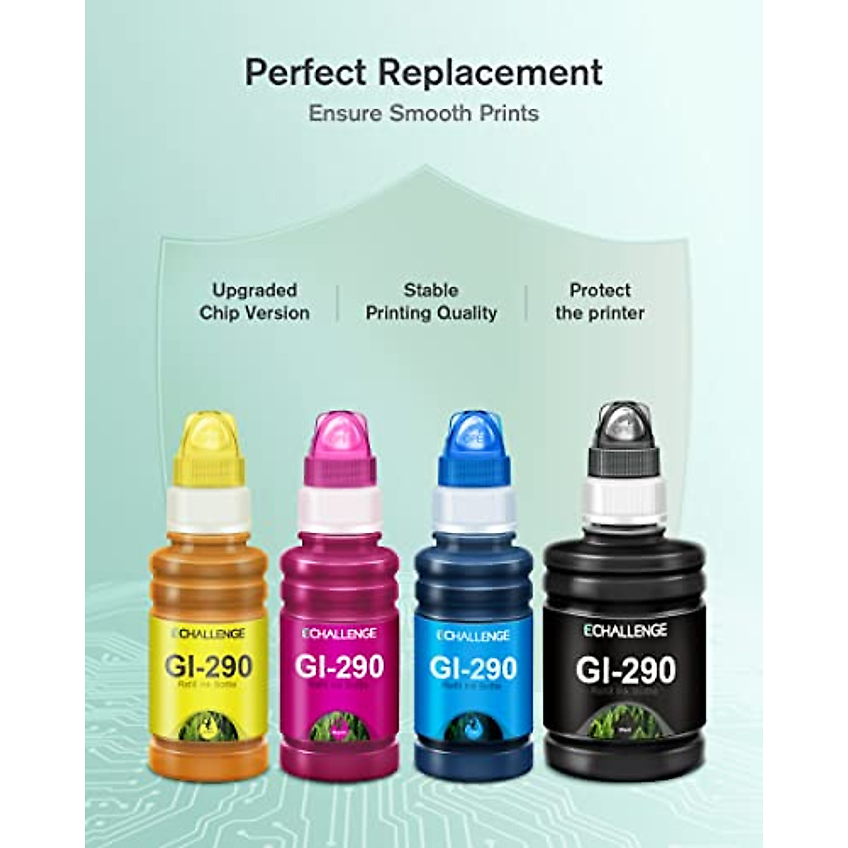 ECHALLENGE Compatible Ink Bottle Replacement for GI290 GI-290 G1200 G2200 G3200 G4200 G4210 (5-Pack 2Black Cyan Magenta Yellow)