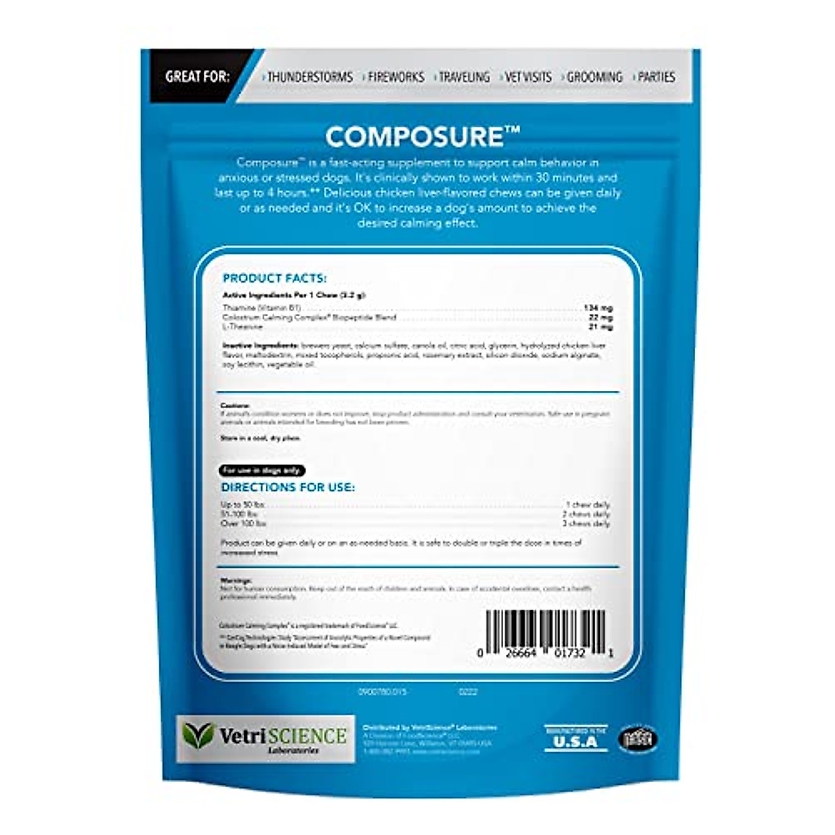 VETRISCIENCE Composure Clinically Proven Calming Chews, Chicken, Six 15-Chew Packs