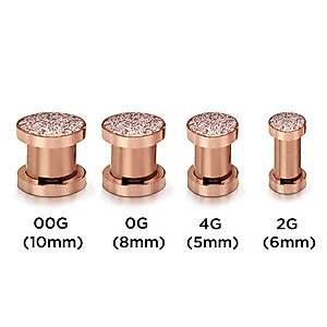 Pierce2GO Rose Gold Plated Sandpaper Ear Plugs Tunnels Stainless Steel Ear Gauges Plugs Tunnels Expanders Earrings with screw on/off closure - Unique Body Piercing