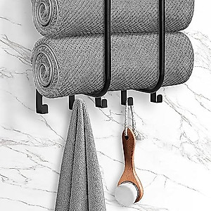 SUNZOS Towel Racks for Bathroom, Towel Rack Wall Mounted with Metal Shelf and 5 Hooks for Small Bathroom, Towel Holder for Bathroom, Bath Towel Storage for Rolled Towels Organizer, Black