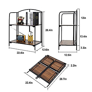 Crofy No Assembly Folding Bookshelf, 2 Tier Black Bookshelf, Metal Book Shelf for Storage, Folding Bookcase for Office Organization and Storage, 12.6 D x 22.44 W x 28.74 H Inches