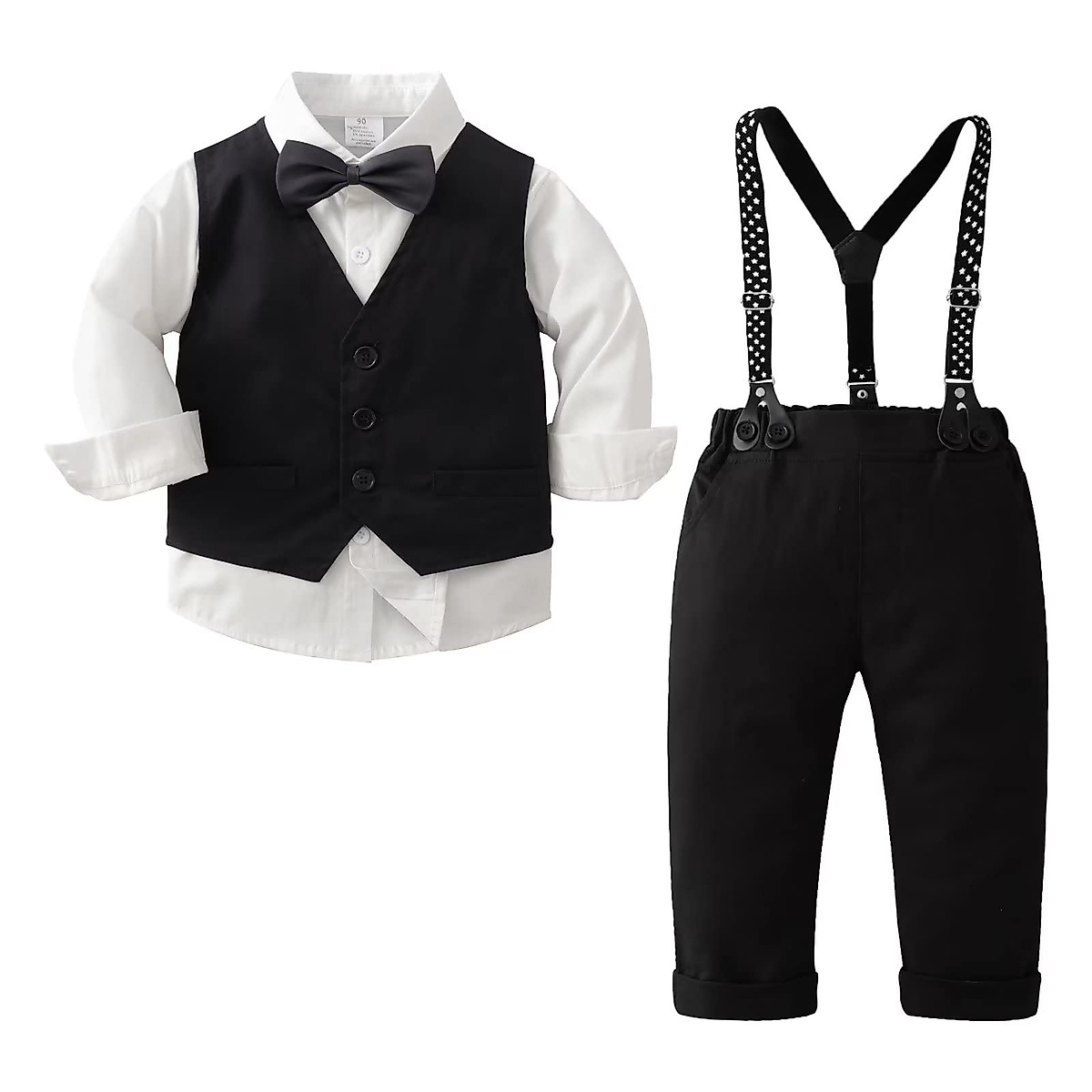 Baby Boys Long Sleeve Dress Shirt with Bowtie + Suspender Pants + Vest Gentleman Outfit for Infant Black 18-24M