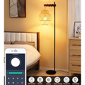 Stepeak Boho Floor Lamp with Remote, Farmhouse Dimmable Rattan Standing Lamp with Smart Blub, Bamboo Lampshade, App Control, Wood Black Tall Lamps for Living Room Bedroom Office, 9W LED Bulb Included