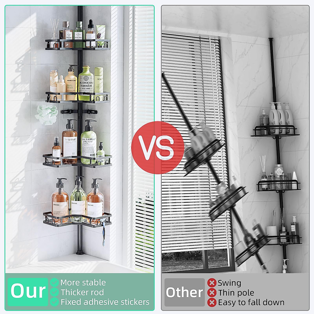 HEVEL Corner Shower Caddy Tension Pole, 4 Tier Adjustable Shower Organizer Corner 62-115 Inch, Rustproof Bathroom Corner Shower Shelves for Bathtub Storage