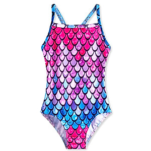 Girls Bathing Suits for 10-12 Years Old Big Kids Colorful Mermaid Scale Pattern Swimsuit One Piece Swimwear for Swim Lessons