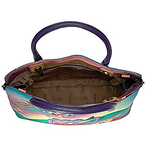 Anna by Anuschka Women's Genuine Leather Large Expandable Tote | Hand Painted Original Artwork | Paisley Collage Eggplant