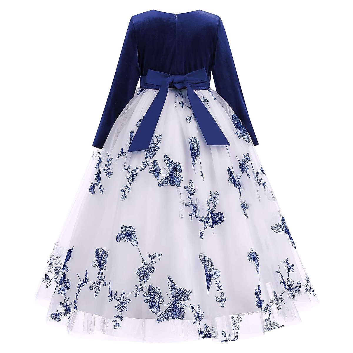 Kids Vintage Toddler Baby Velvet Winter Fall Maxi Dresses Flower Embroidery 3/4 Sleeve Princess Lace Tutu Long Sleeve Tunic Party Dance Gown for Girl Photo Shoot Butterfly-Navy 9-10 Years