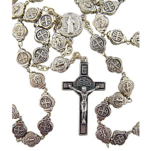 Oxidized Silver Saint Benedict Medal Exorcism Protect Beads Rosary, 22 Inch