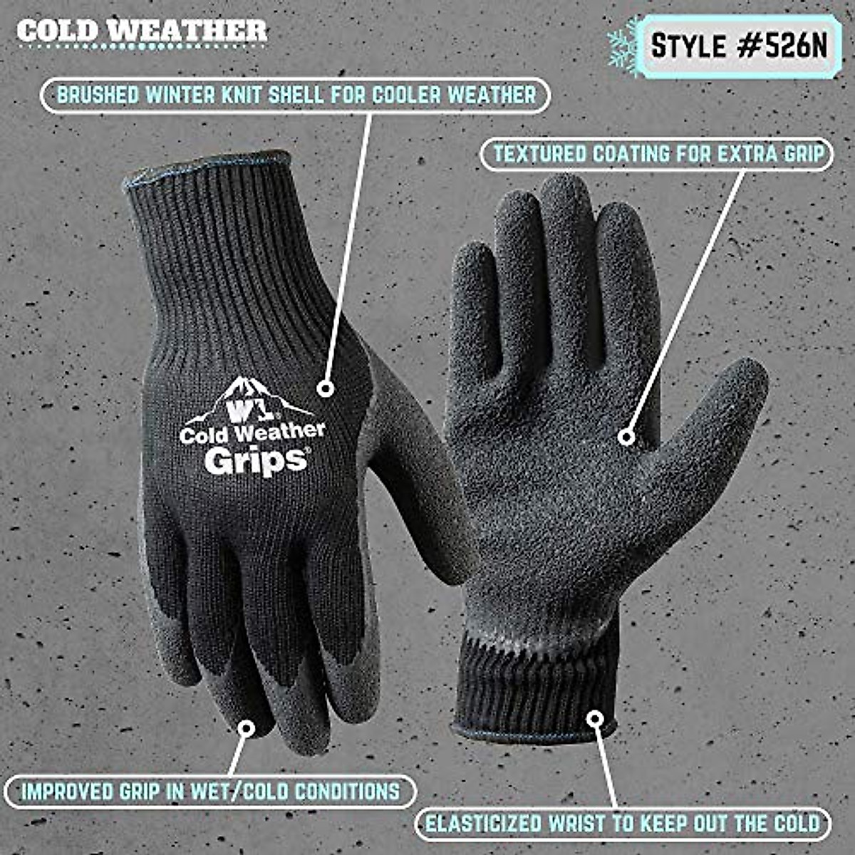 Wells Lamont Cold Weather Latex Grip Versatile Winter Work Gloves | Cut & Tear Resistant | 2-Pair Pack, Medium (526MN) , Black