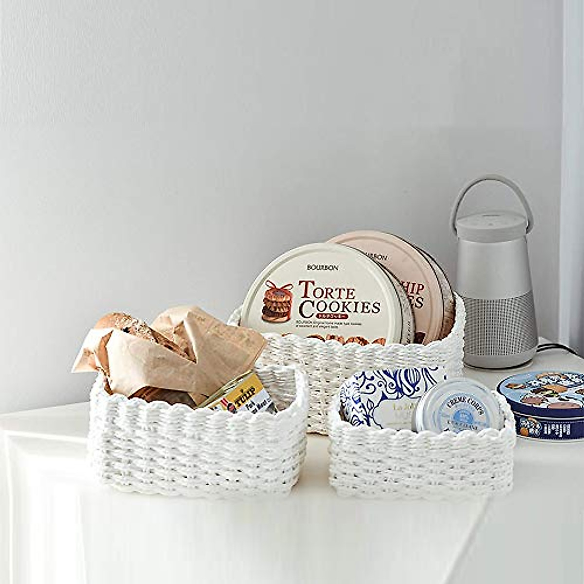 HQBL Woven Storage Baskets Set of 3, Recycled Paper Rope Bin Organizer Shelf for Cupboards Decorative Home Closet Drawer Dresser,Perfect for Storing Small Household Items