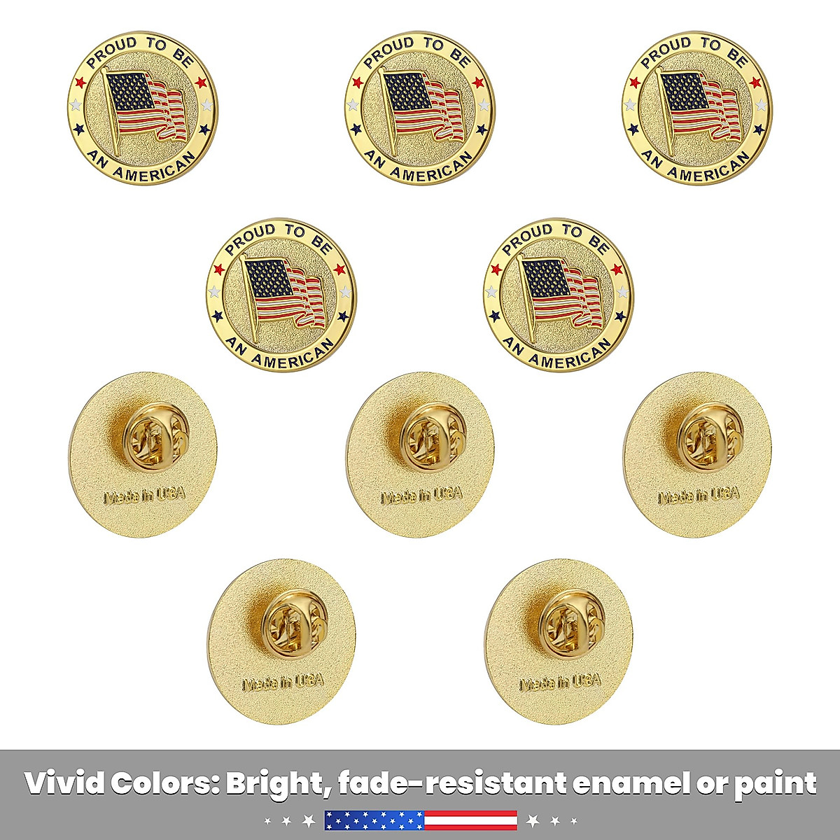 10 Pack Round American Flag Pin- Pround to Be An American Pin, Gold US Flag Lapel Pin for Memorial Day, Flag Day, Independence Day, Veterans Day
