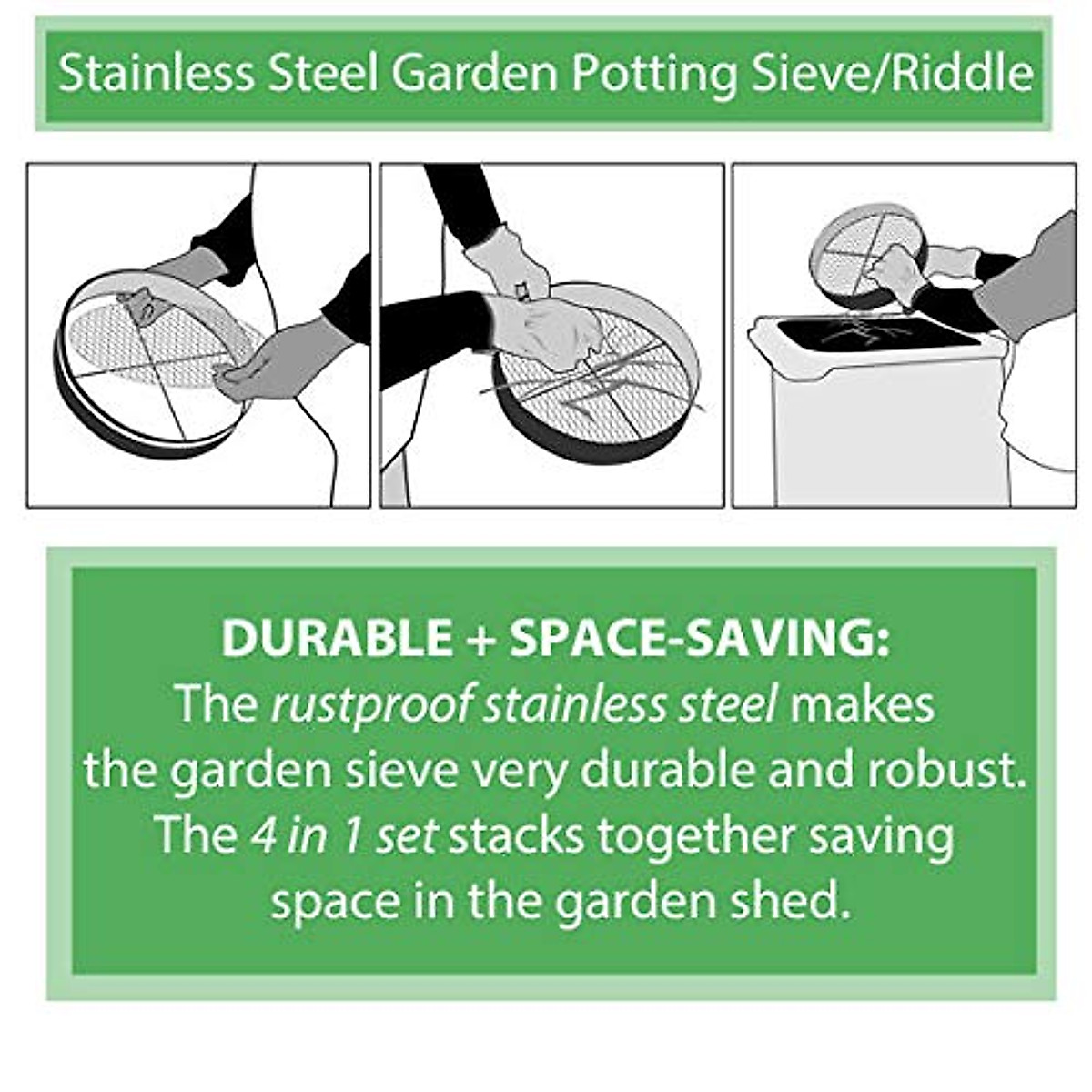 Practicool Garden Potting Mesh Sieve - Sifting Pan - Stainless Steel Riddle - Mix Soil Filter - with 4 Interchangeable Mesh Sizes - 3, 6 , 9, 12mm