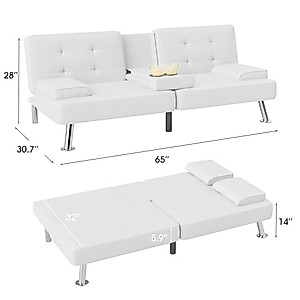 Flamaker Futon Sofa Bed Modern Folding Futon Set Faux Leather Convertible Recliner Lounge for Living Room with 2 Cup Holders, Removable Armrests (Faux Leather, White)