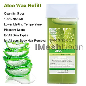 5 Pack Roll On Wax with Wax Paper, Hair Removal Wax Cartridge Depilatory Wax Roller for Sensitive Skin at Home Waxing Body,Legs,Underarm Ideal for Personal & Professional Use Beauty Salon (Aloe Vera)