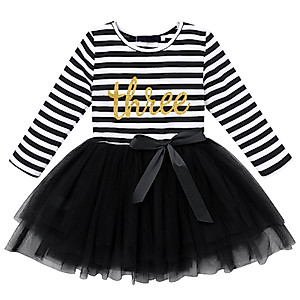 Baby Girls Shinny Stripe Long Sleeve Printed Princess Casual Birthday Tutu Tulle Dress Black(3 Years)