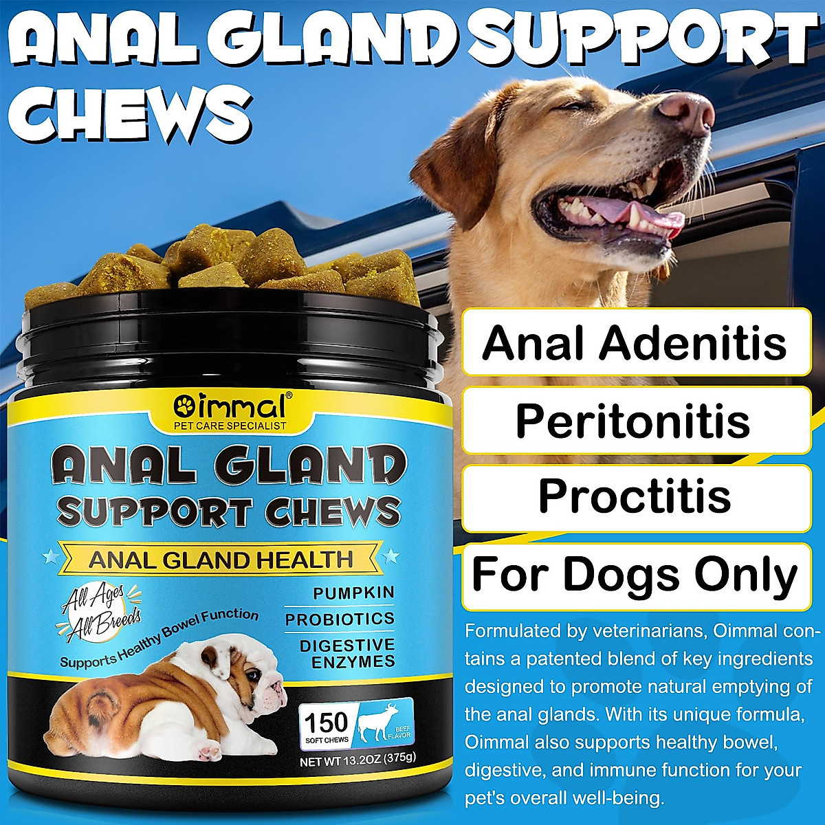 Anal Gland Support Soft Chews for Dog, Dog Anal Gland Treats w/Pumpkin, Dog Anal Gland Digestive Support Supplement Treatment Chews with Digestive Enzymes & Probiotics
