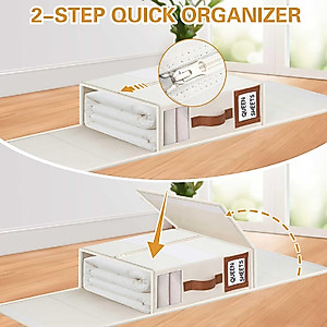 GhvyenntteS Bed Sheet Organizers and Storage 4 Pack (Queen & King Size), Foldable Sheet Organizers and Storage with Window and Label, Bed Sheet Organizer with Leather Handle, Beige