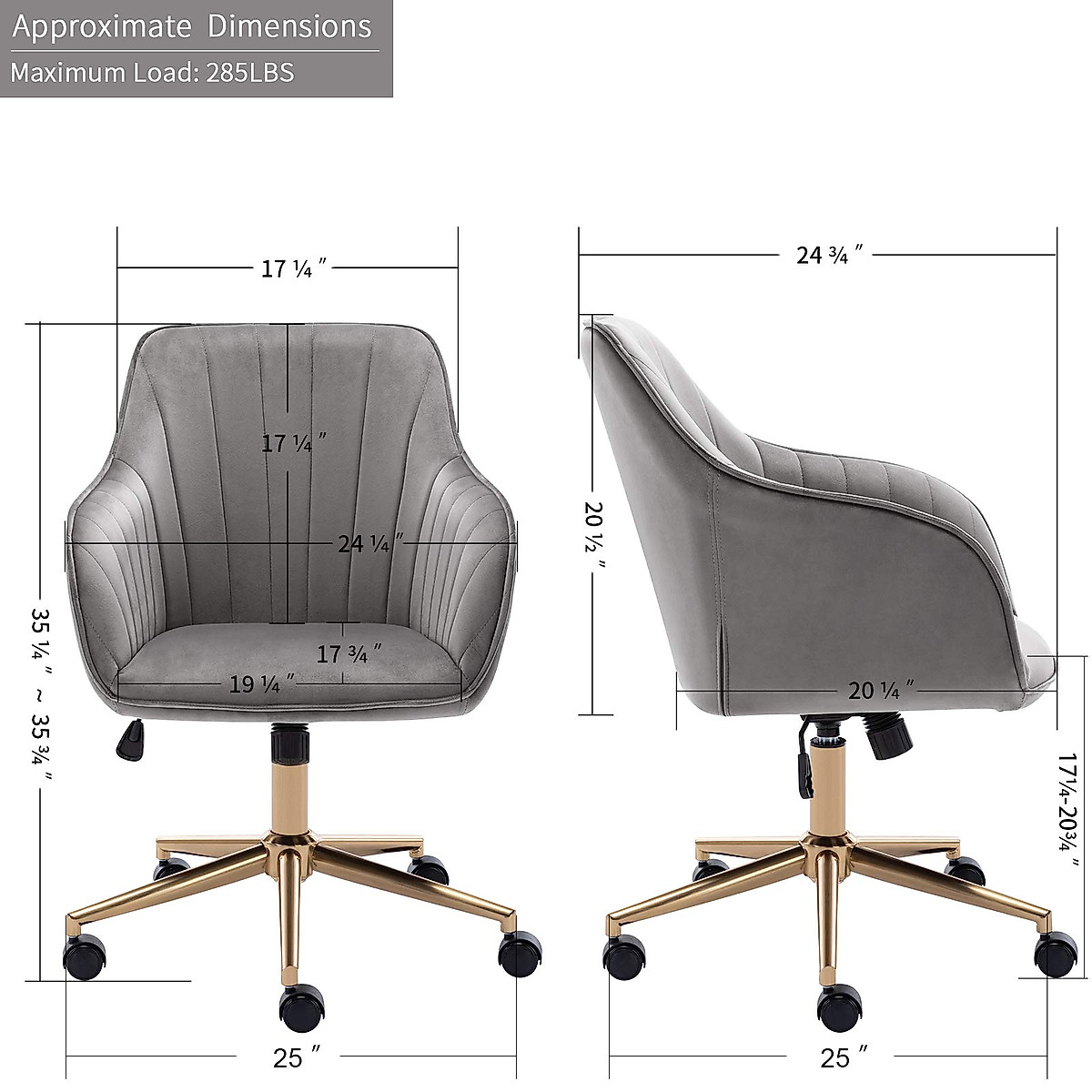 DUHOME Home Office Chair Computer Desk Chair Armchair Task Chair Velvet Upholstered Chair Height Adjustable Comfortable Stool Swivel Rolling Chair with Gold Metal Base for Office Study Grey